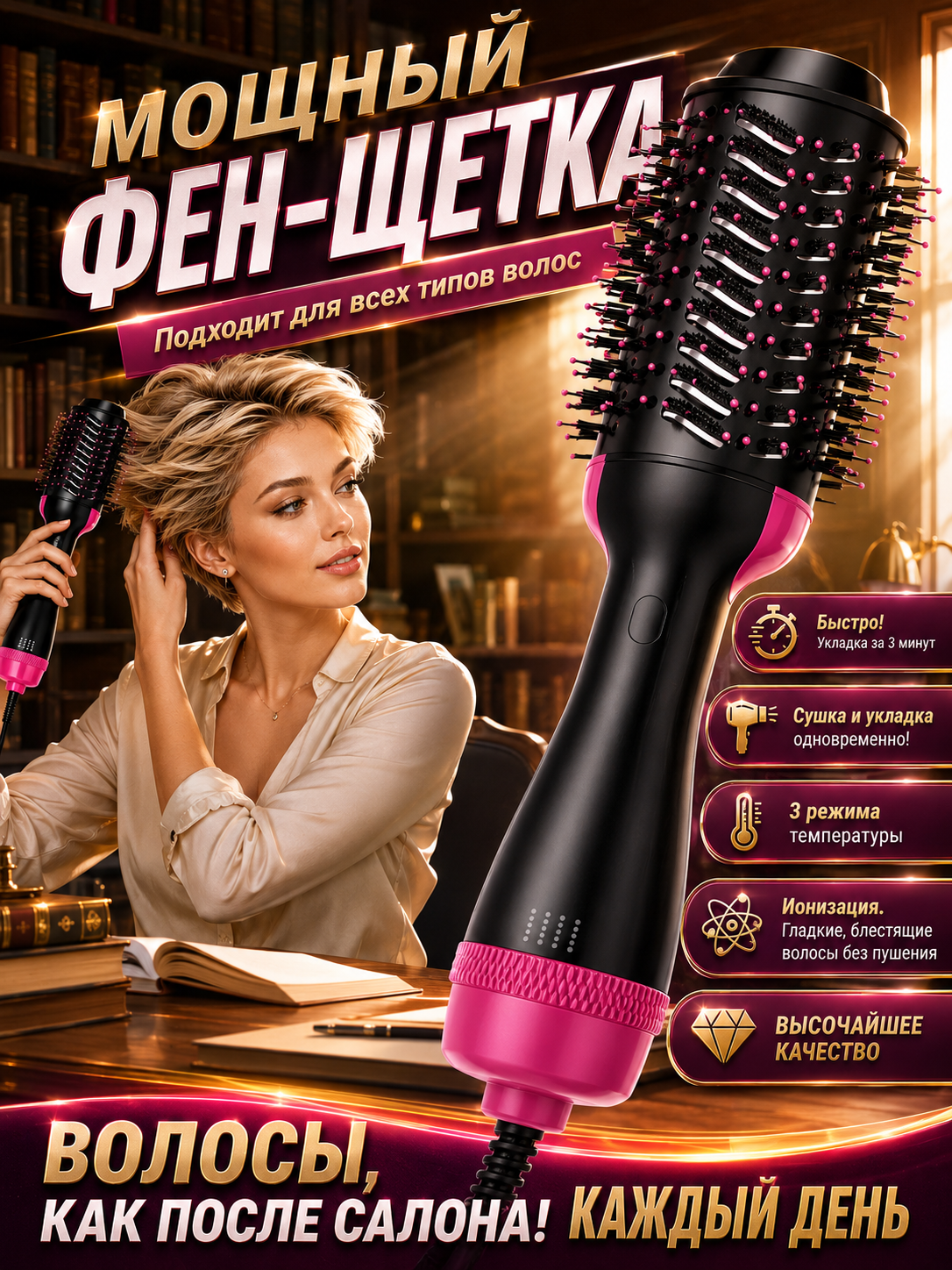 Фен-щетка для волос / Расческа с ионизацией One Step Фен-щётка (расчёска-фен) для волос Hair Dryer 3 в 1