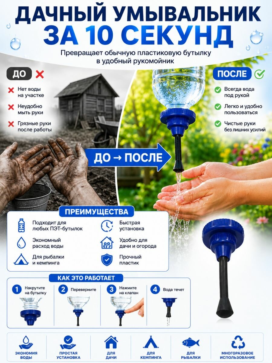 Рукомойник для дачи, насадка на бутылку 0,5-5 литров