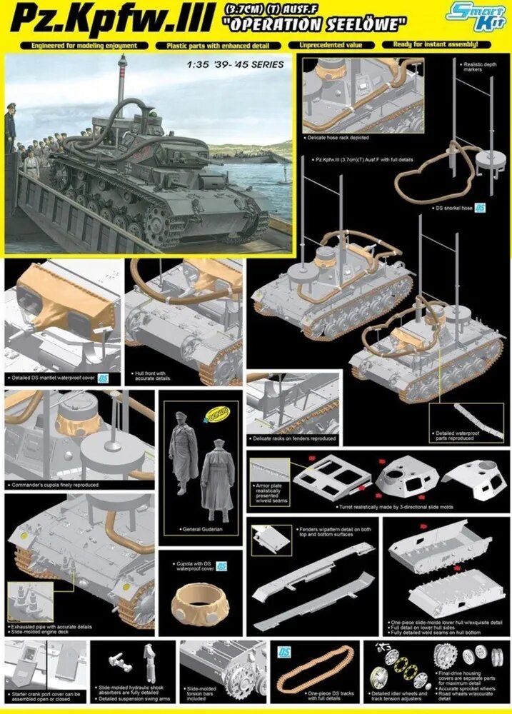 6877 DRAGON 1/35 Pz.Kpfw.III (3.7cm)(T)Ausf. F "Operation Seel we" DS Tracks сборная модель танка