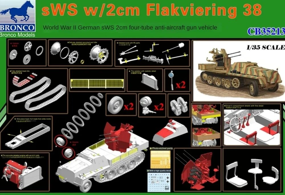 Bronco 1/35 35213 sWS БТР полугусеничная зенитная машина w/2cm Flakviering 38