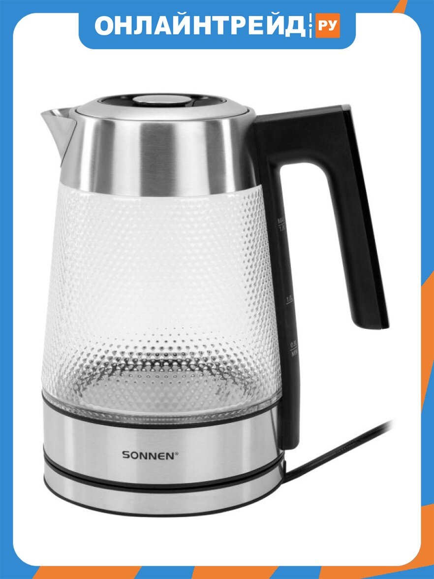Чайник Sonnen электрический с терморегулятором KT-1809D, 1,8 л, 2200 Вт, 5 цветов подсветки, 5 температур, стекло текстура ромб, 455141