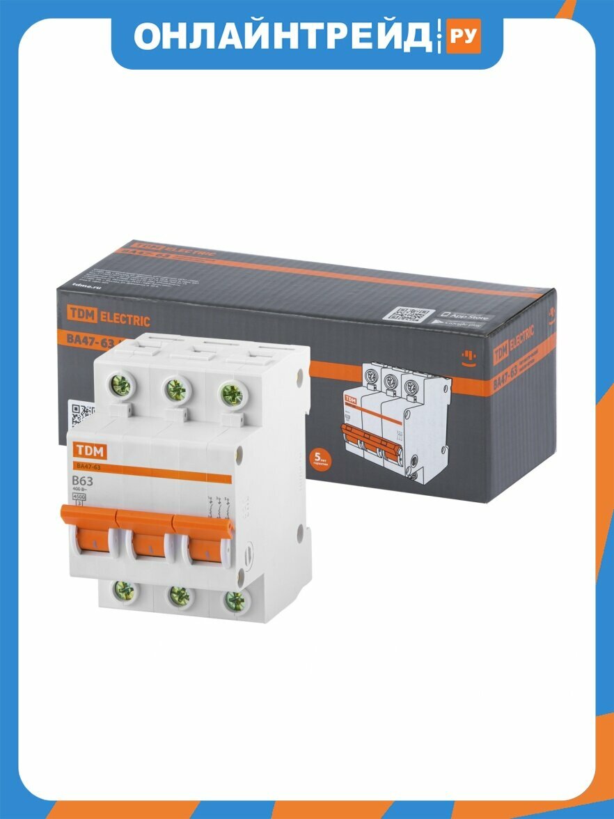 Автоматический выключатель Tdm Electric ВА47-63 3Р 63А 4,5кА х-ка B, SQ0218-0061
