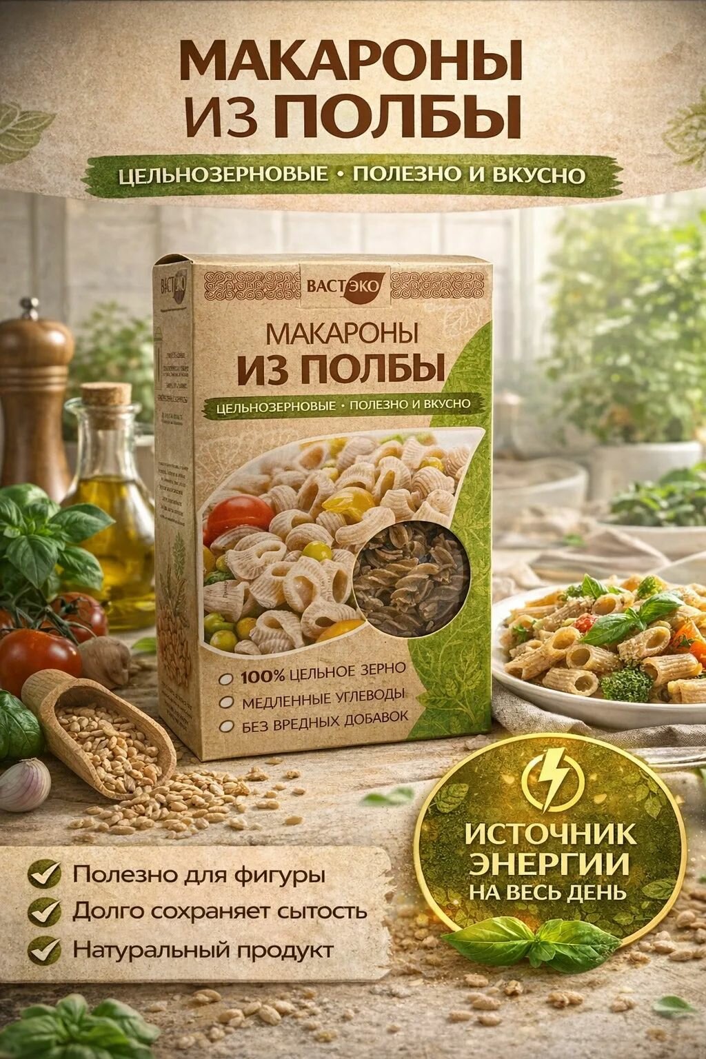 Макароны из полбы "Спирали", 400 г, цельнозерновые. Вастэко.