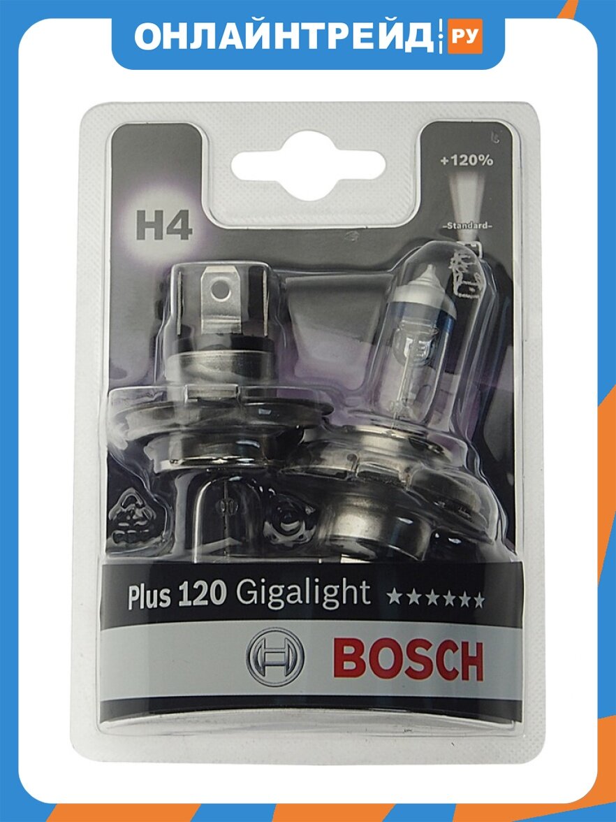 Лампа автомобильная Bosch Gigalight Plus120 H4 60/55W P43t+120% 12V, 2шт, 1987301425