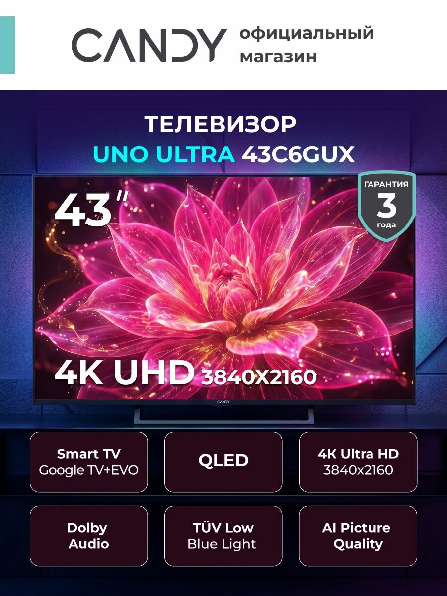 Candy Телевизор 43, Безрамочный, QLED, 43C6GUX