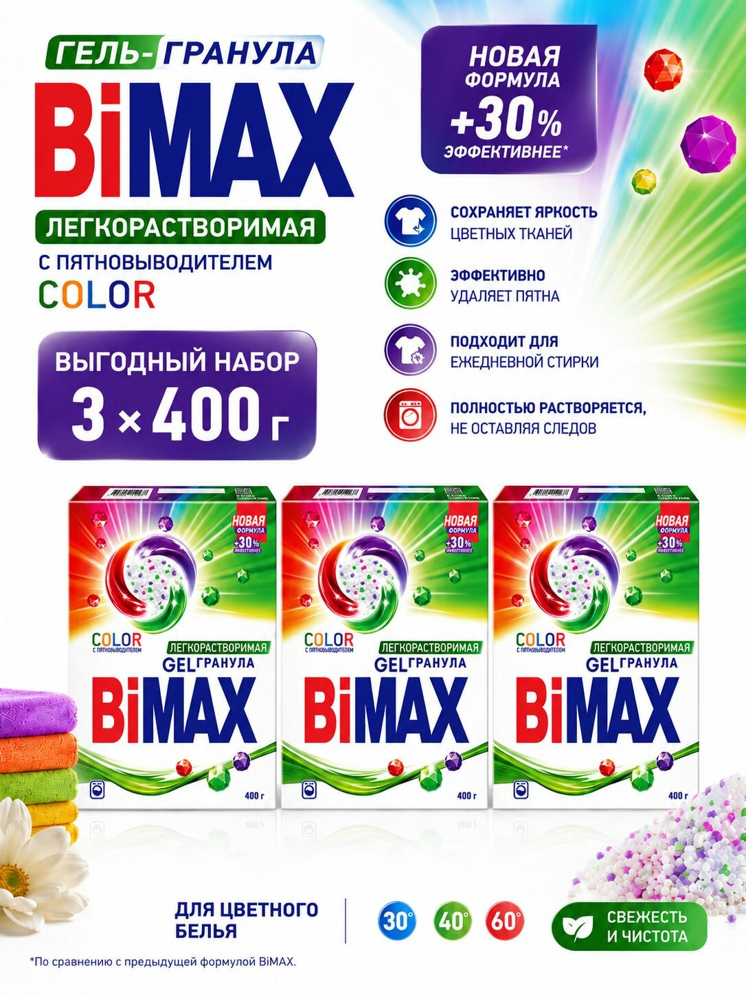 Набор 3 шт Bimax Стиральный порошок для цветного белья 400 грамм