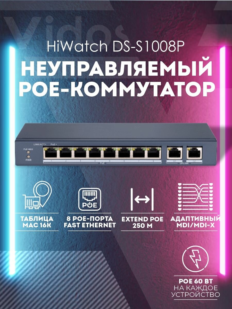 Неуправляемый PoE-коммутатор HiWatch DS-S1008P