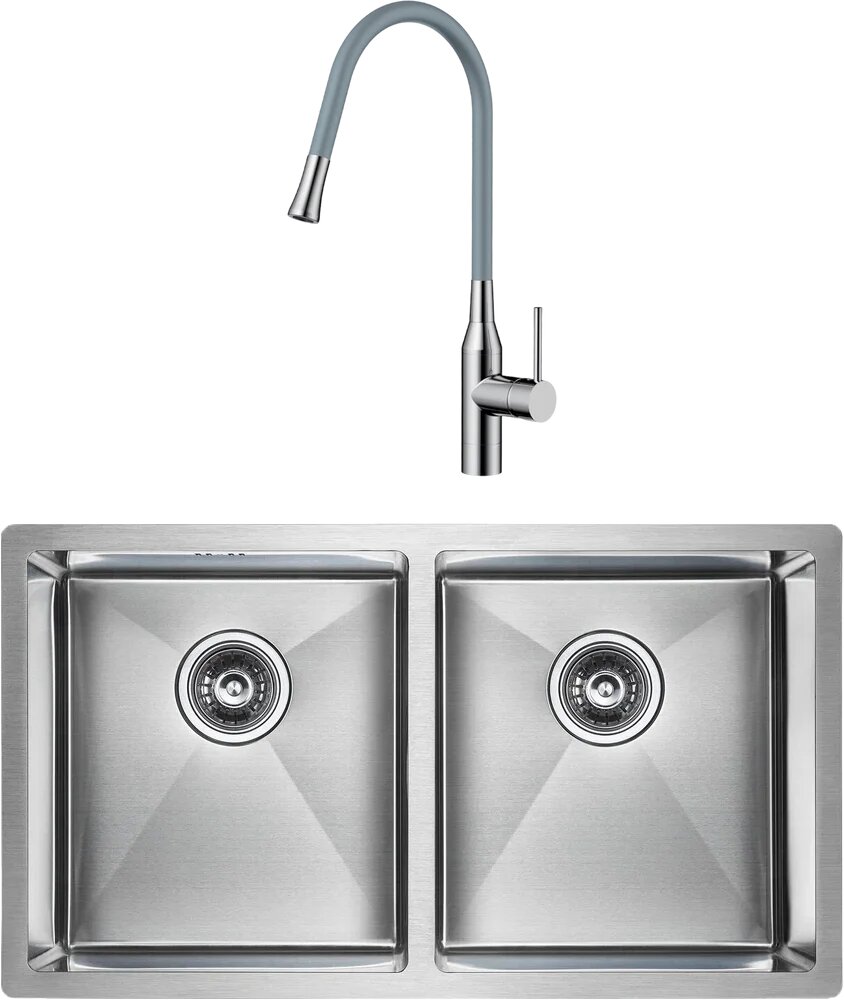 Комплект Мойка Paulmark Gerberg PM237844-BS 78x44, брашированная нержавеющая сталь, нержавеющая сталь / Смеситель Omoikiri Yatomi BN-GR с гибким изливом, нержавеющий сталь, серый, нержавеющая сталь, с