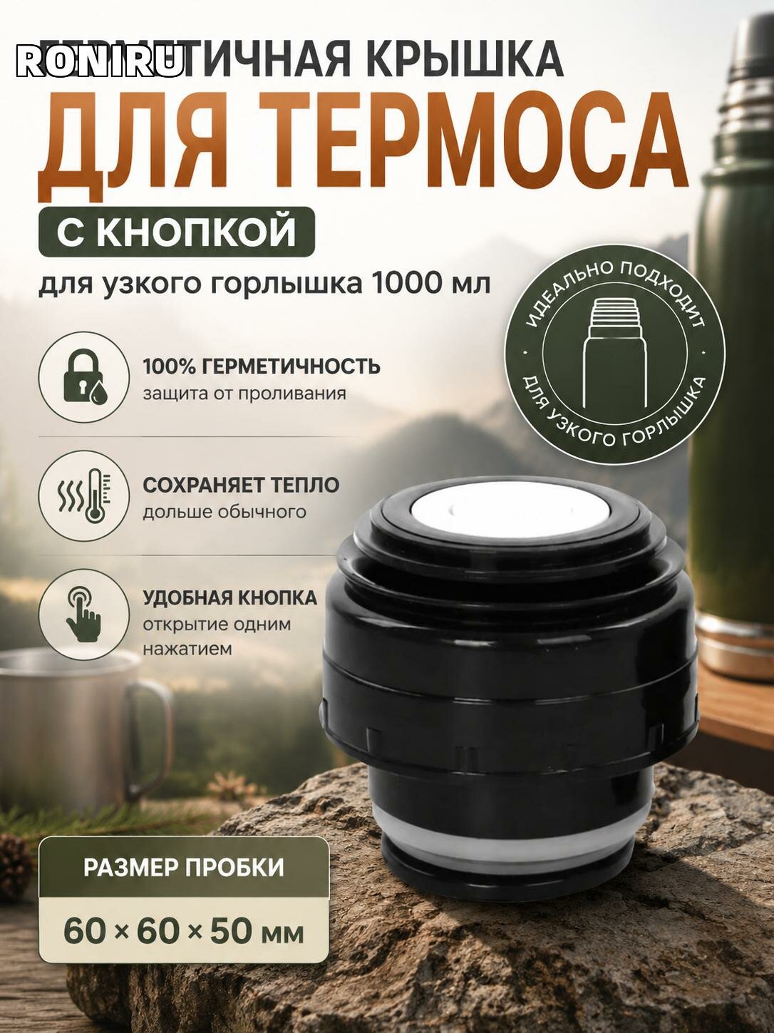 Герметичная крышка для термоса с кнопкой, сохраняет тепло и защищает от проливания, для узкого горлышка 1000 мл