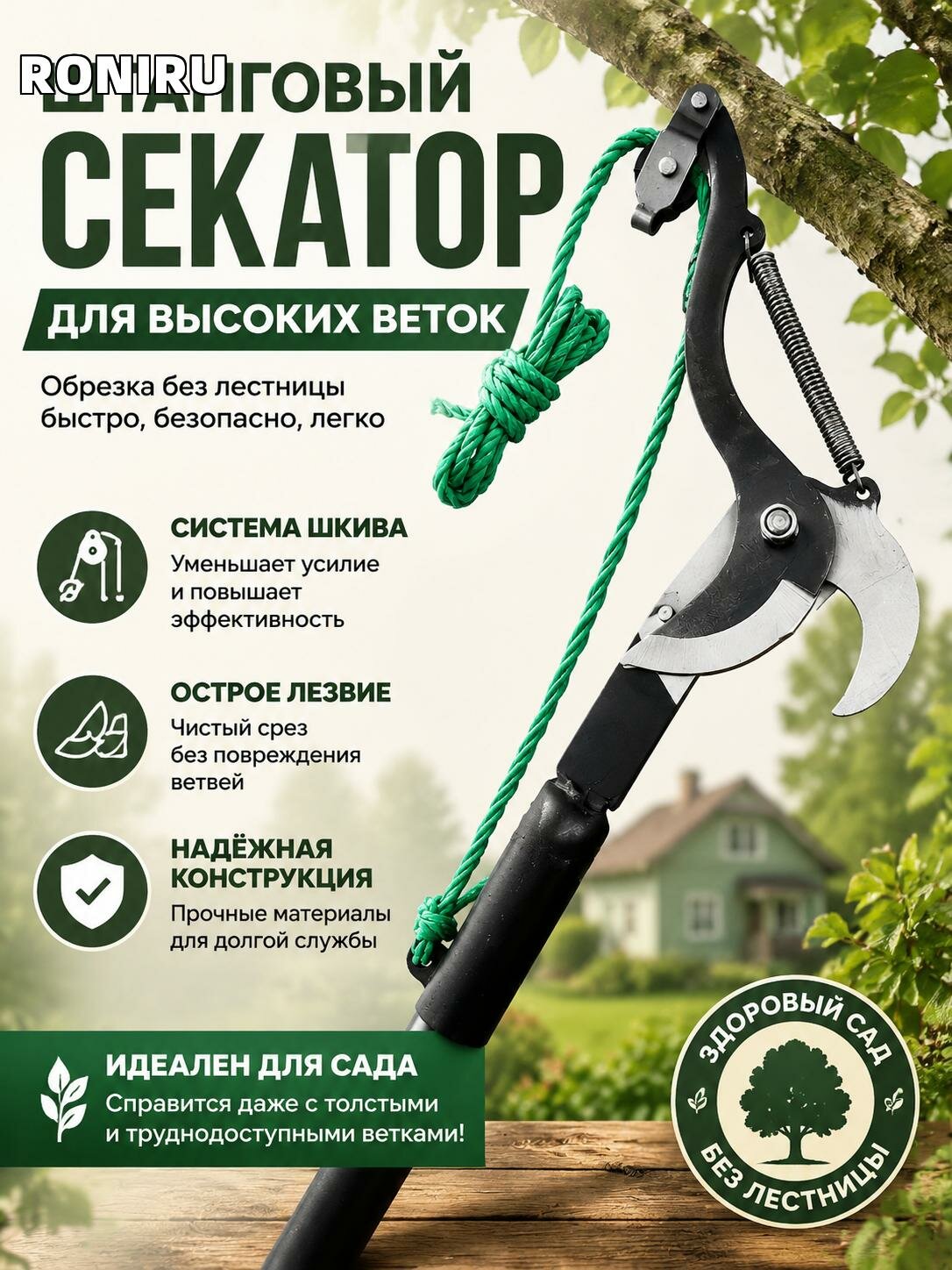 Штанговый секатор для обрезки высоких веток с системой шкива и острым лезвием — высоторез для сада без лестницы