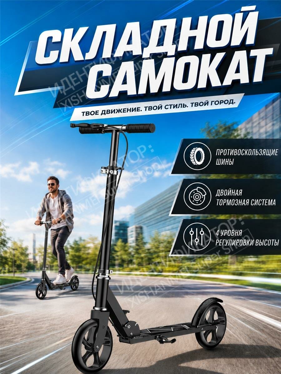 Складной самокат с противоскользящими шинами двойной тормозной системой и 4 уровнями регулировки высоты для города