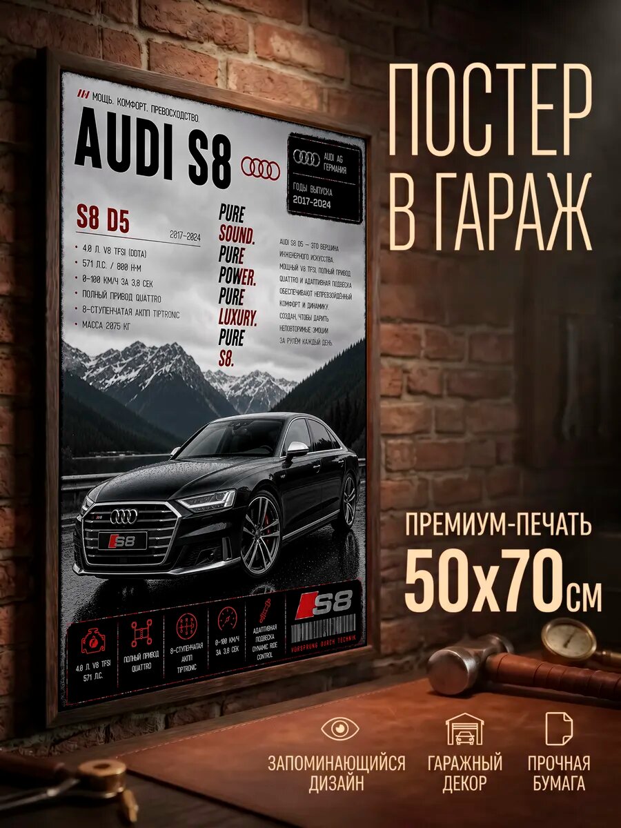 Постер на стену большой 50*70 без рамки авто Ауди S8 D5