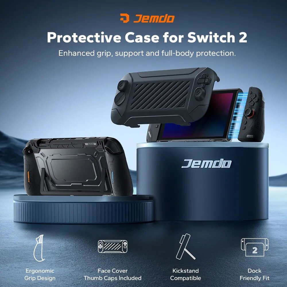 Разборный защитный чехол JEMDO с передней накладкой для Nintendo Switch 2: 8 слотов для игровых карт, эргономичные утолщенные силиконовые накладки для Joy-Con.