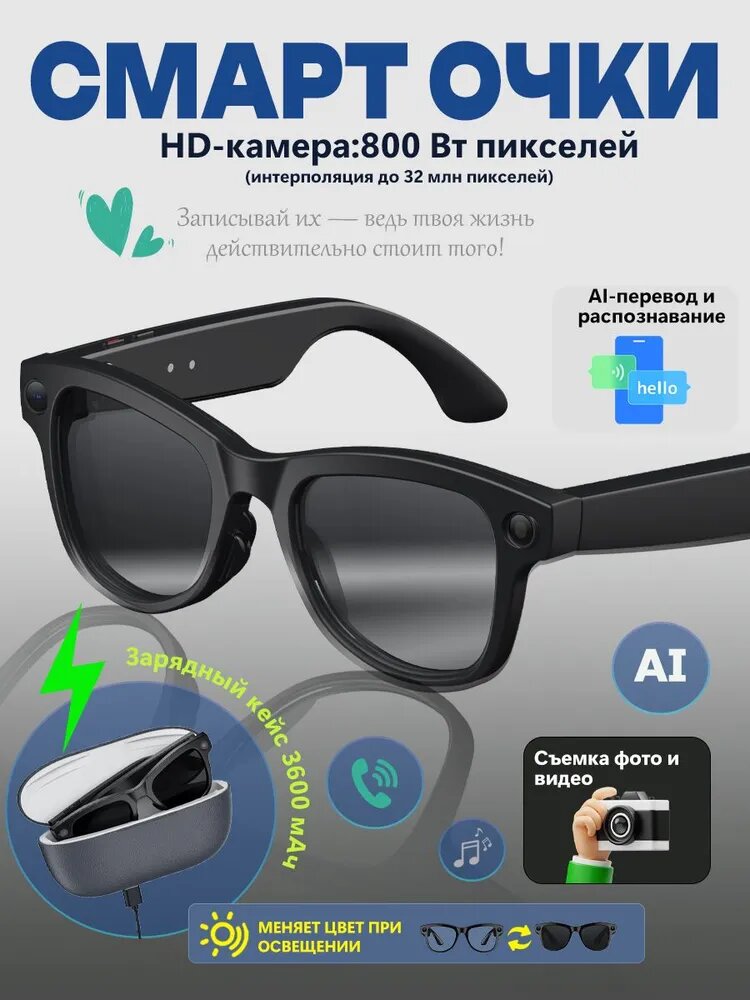 Очки с Камерой Sony 8 Мп, 4K Видео, SmartGlasses с ИИ и ПереводомКомплект с зарядным футляром для очков емкостью 3600 мА ч