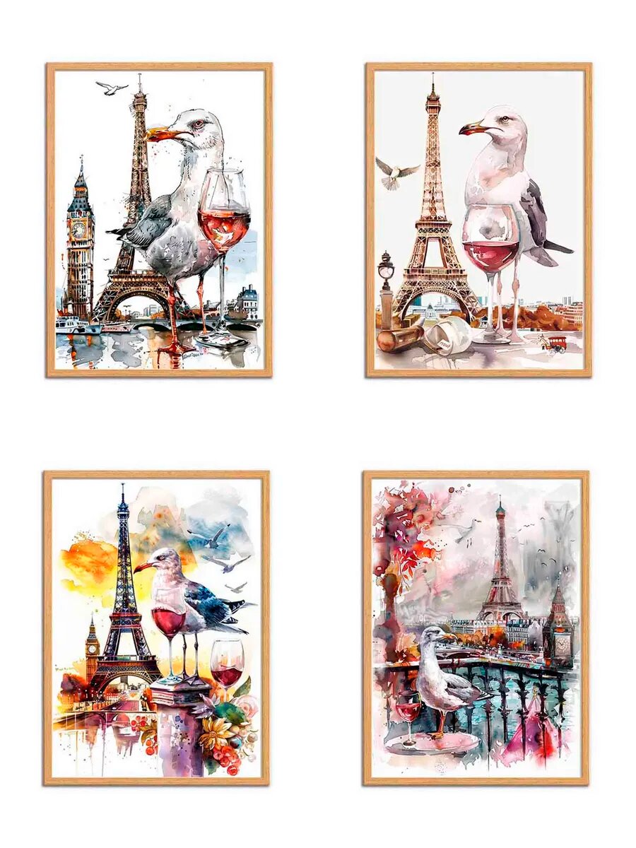 Птица чайка Пьет Вино, 4 Плаката, 30x21см