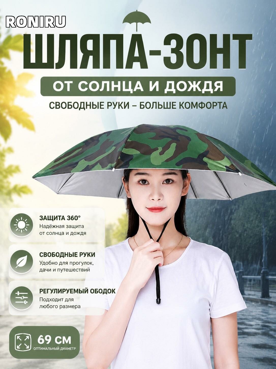 Шляпа-зонт для взрослых от дождя и солнца 69 см, складной зонтик на голову с регулируемым ободком