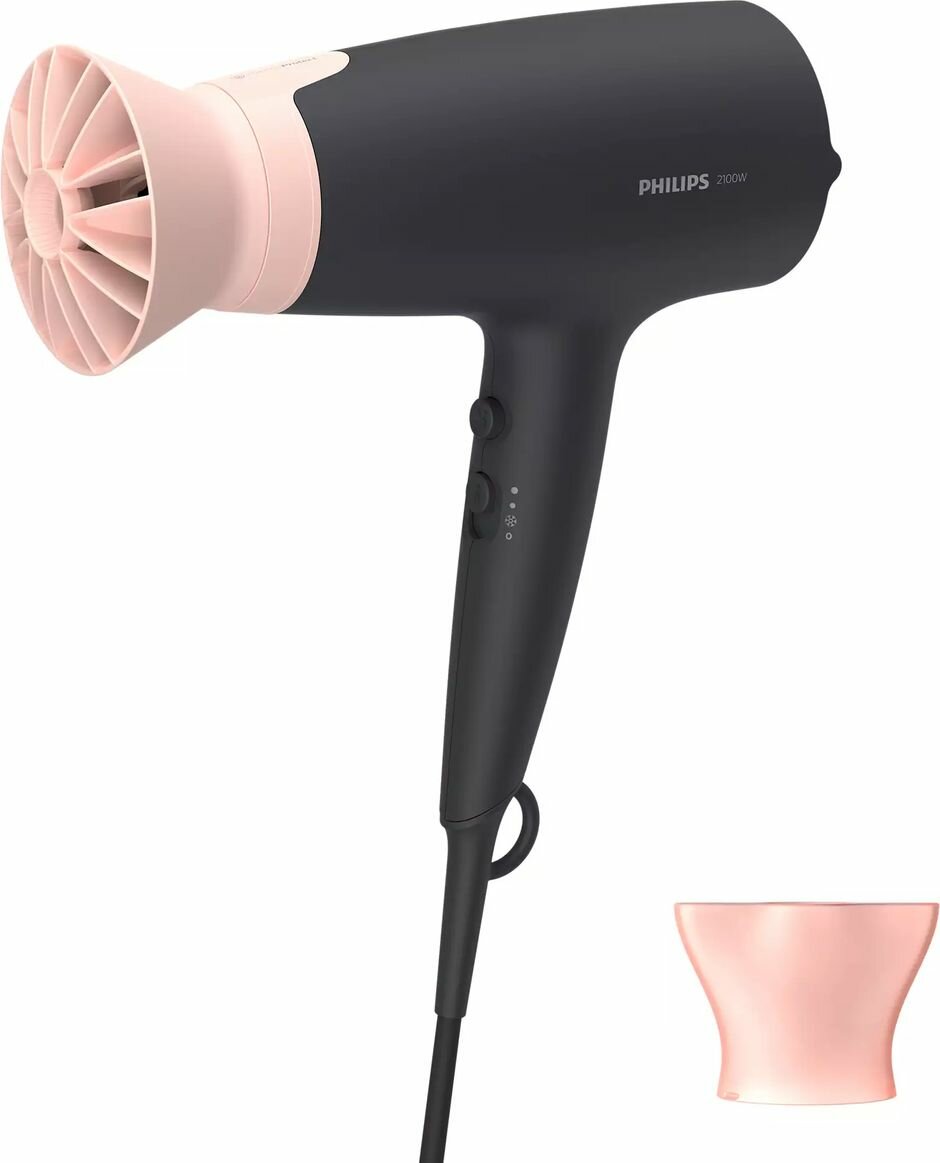 Philips Фен для волос BHD350/10 2100 Вт, скоростей 2, кол-во насадок 2, черный, розовый