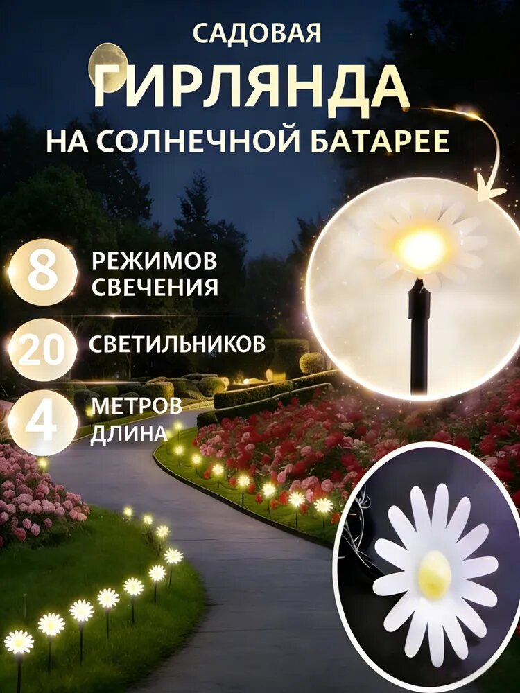 Уличный светильник садовая гирлянда на солнечной батарее, Без цоколя, 20 шт.