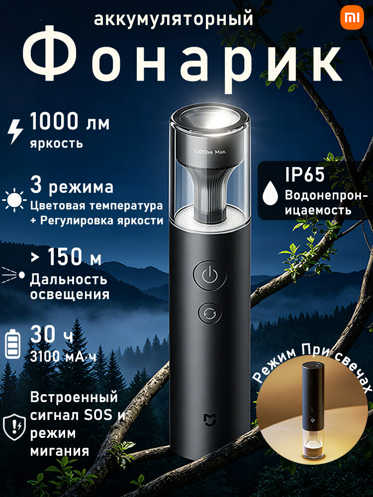 Фонарь Xiaomi Mijia, IP65, 1000лм, до 30ч, ручная регулировка, Dark Brown