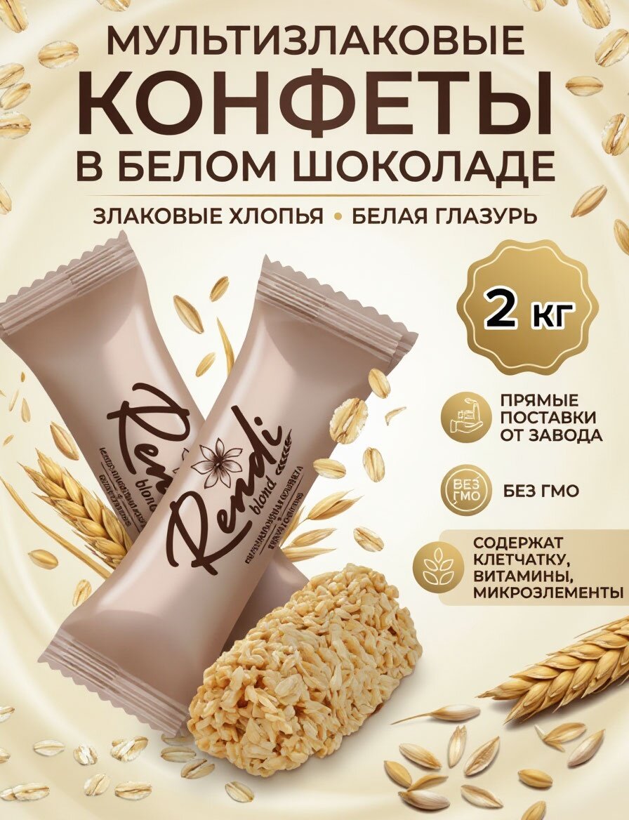 Конфеты мультизлаковые Ренди в белом шоколаде с витаминами, 2 кг