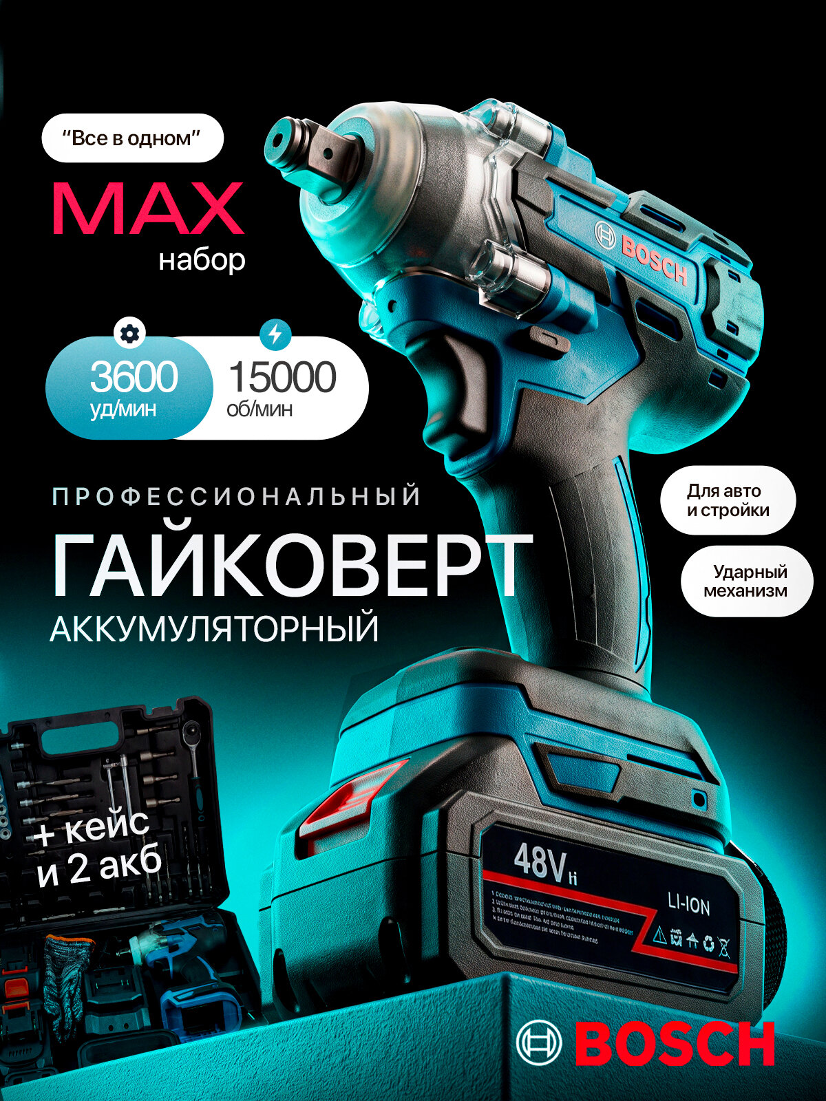 Гайковерт бесщеточный ударный, 2 АКБ, мощный