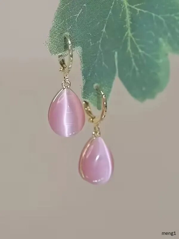 Серьги, кошачий глаз синтетический, золотой, розовый — фото 1
