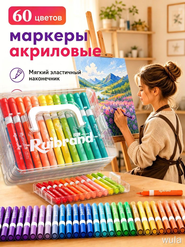 Маркеры акриловые Ruibrand набор 60 цветов мягкий наконечник 3 мм для рисования и творчества фломастеры