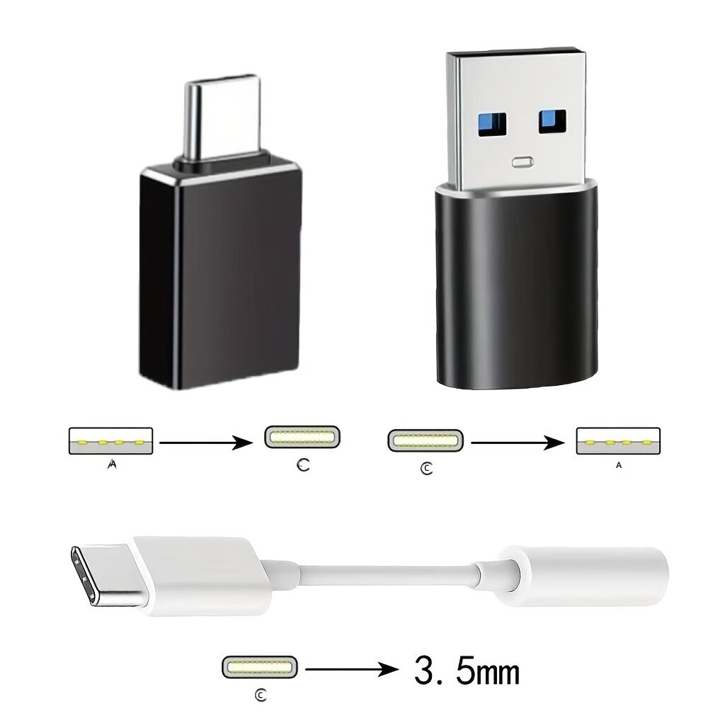 Комплект адаптеров USB-A на USB-C и USB-C на USB-A с аудио кабелем 3.5 мм, 3 шт (2 черных, 1 белый)