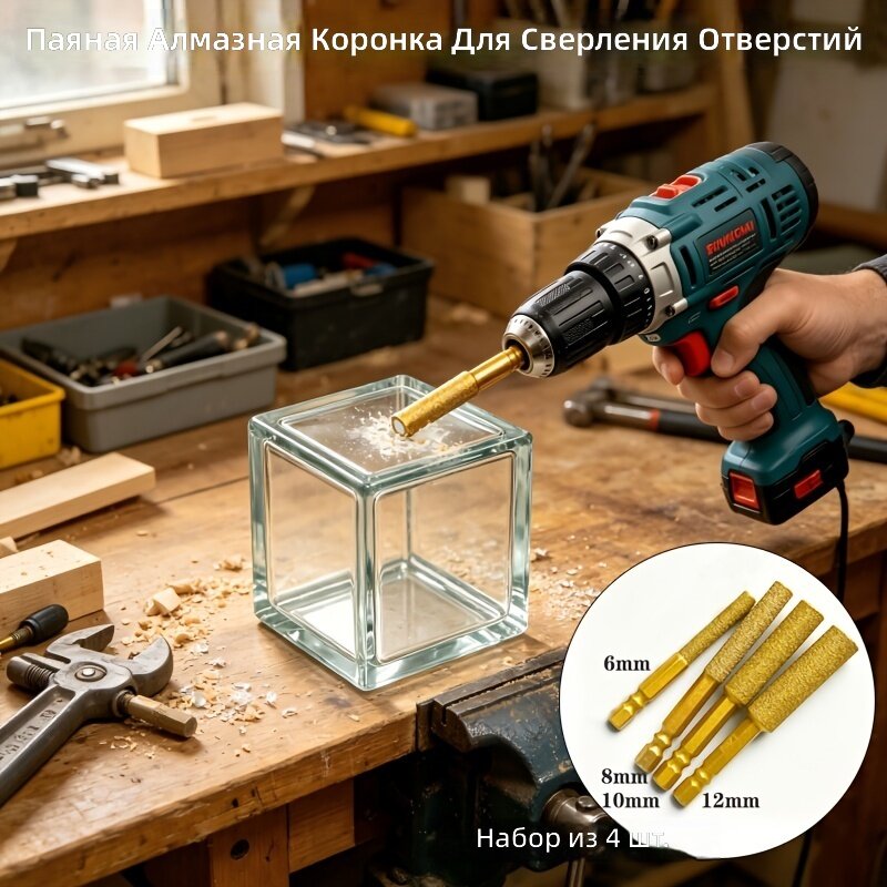 Набор из 4 алмазных коронок с паяным напылением, шестигранный хвостовик 6/8/10/12 мм, с охлаждающим воском для плитки, мрамора, гранита и стекла
