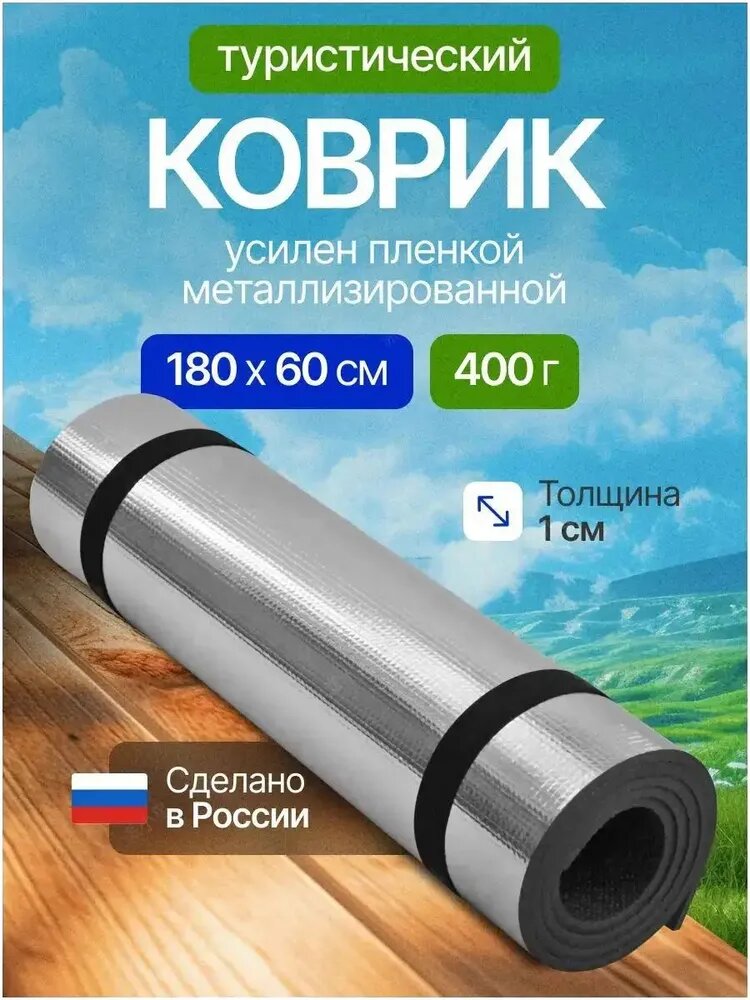 Коврик туристический с фольгой, серый,180х60х1 см. Походный, теплый, армейский, для охоты и рыбалки