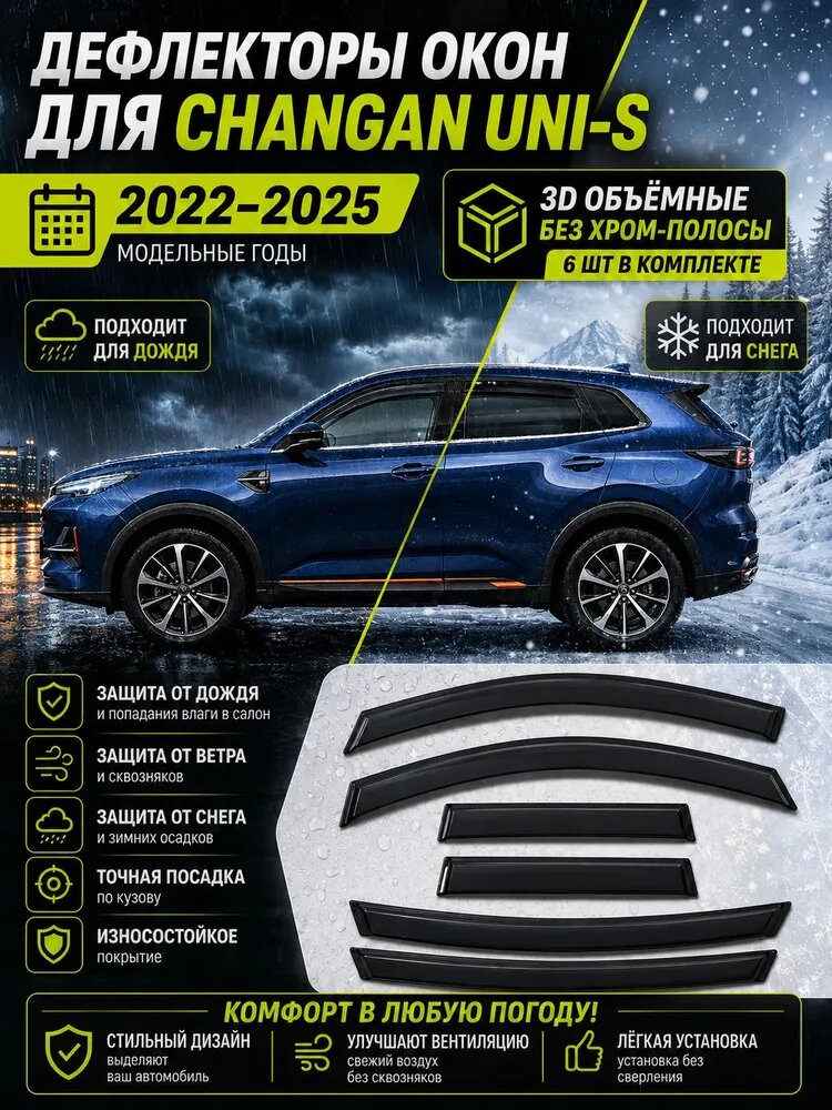 Дефлекторы окон Changan UNI-S 2022-2025, акриловые, накладные, черные, 6 шт