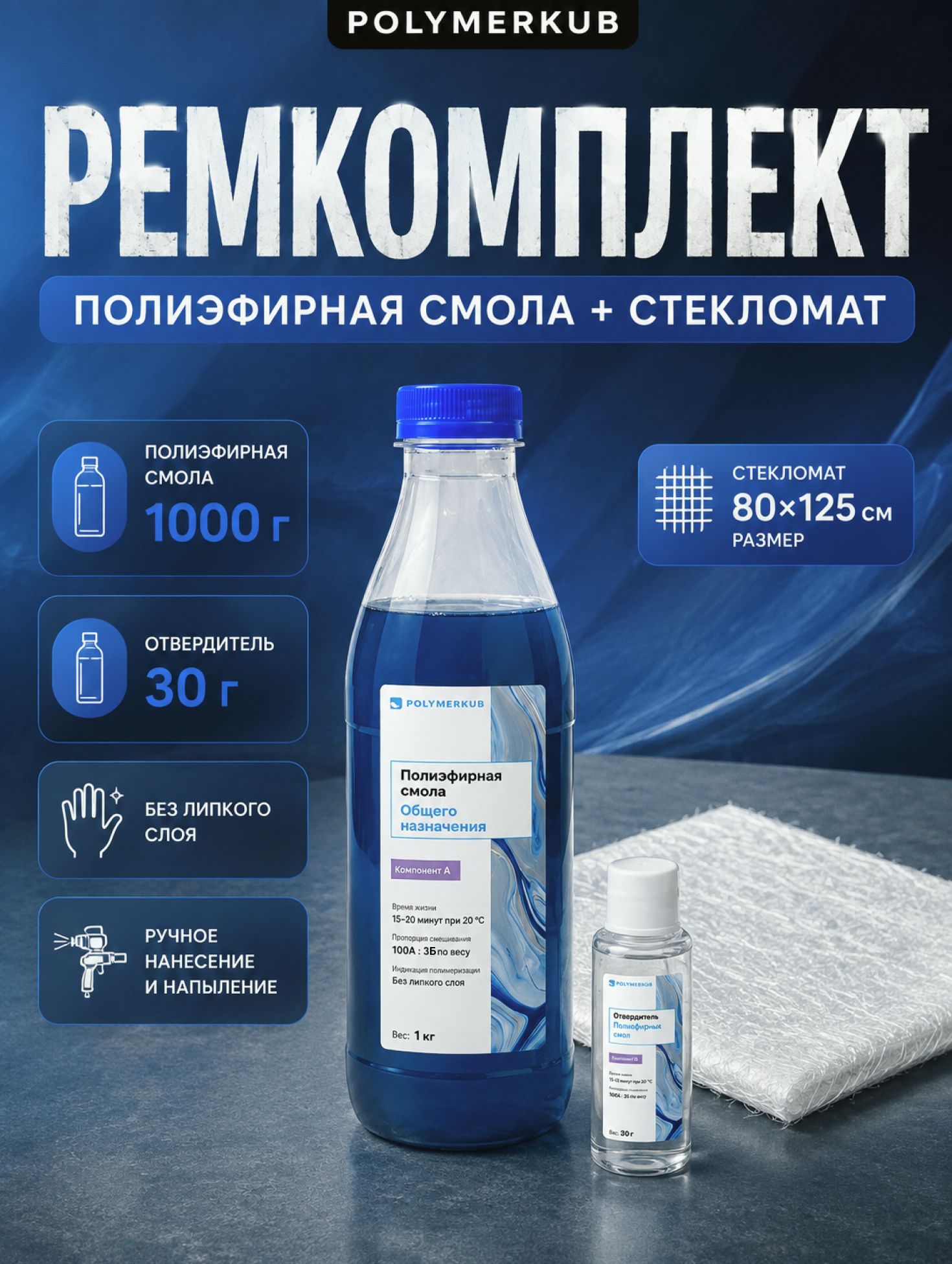 Полиэфирная смола 1кг и стекломат 80*125. Ремкомплект