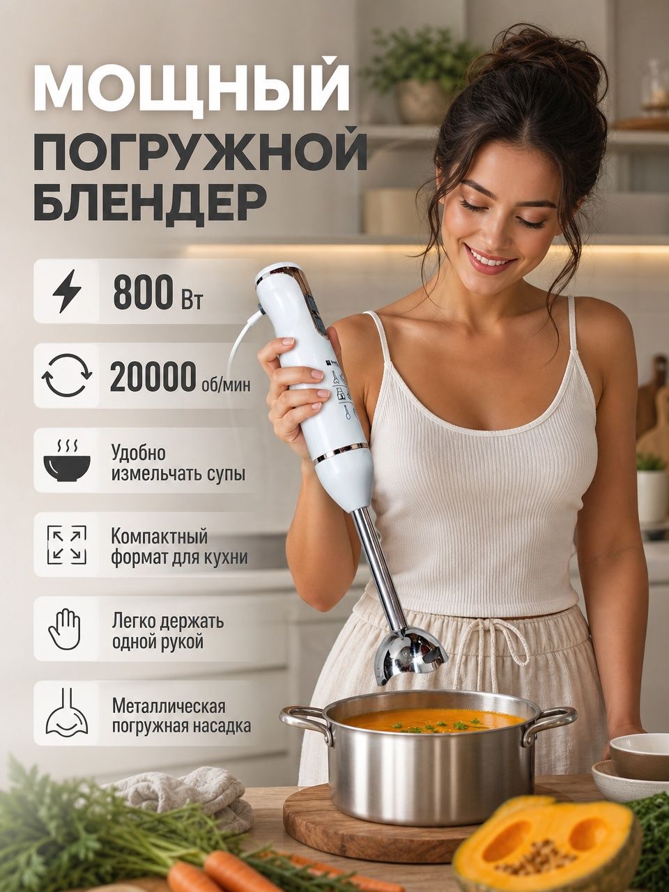 Погружной блендер Hoffmans, мощный, 800 Вт