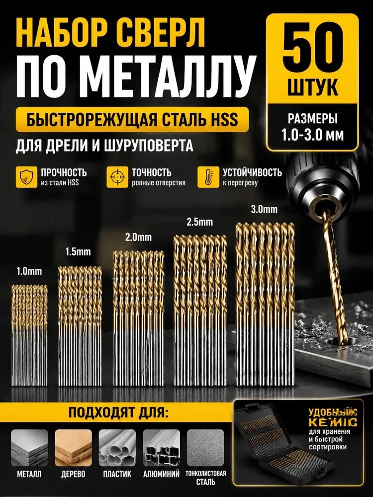 50шт Набор Сверл Из Быстрорежущей стали С покрытием HSS 1/1.5/2/2.5/3 мм