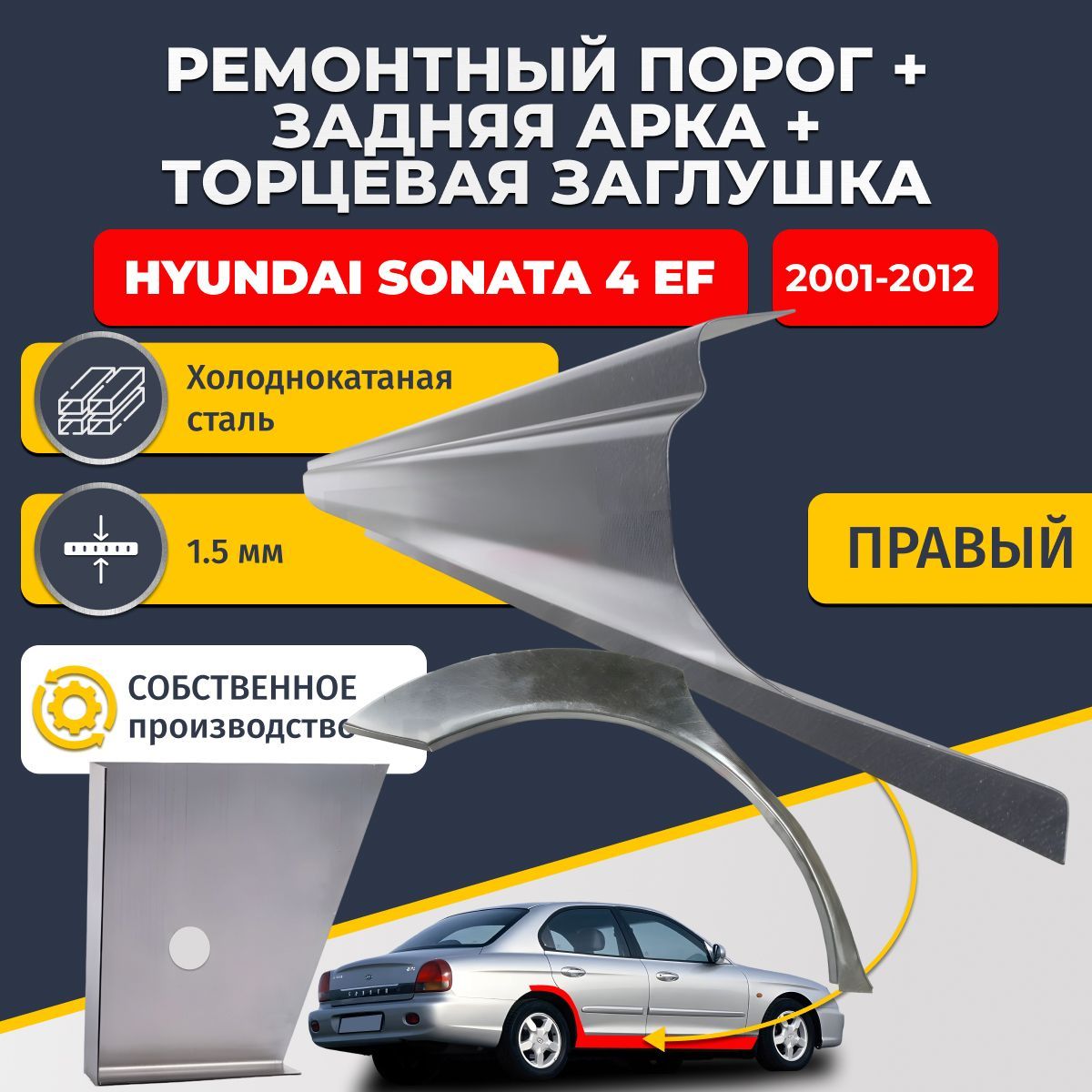 Правая задняя ремонтная арка (0,8 мм) и правый стандартный ремонтный порог (1,5 мм) + торцевая заглушка (1,5 мм) на Hyundai Sonata 4 EF 2001-2012 седан (Хендай Соната 4). Холоднокатаная сталь