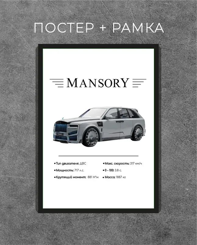 Постер ROLLS ROYCE MANSORY в рамке A4 / Интерьерный декор для дома, офиса, подарок автолюбителю, другу, парню