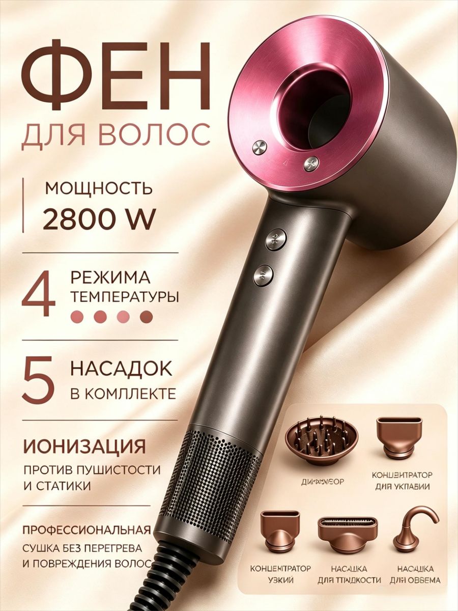 Фен для волос профессиональный, Фен для волос hairdryer 2800 Вт, Серебристый и пурпурный5 насадок, 4 режима работы