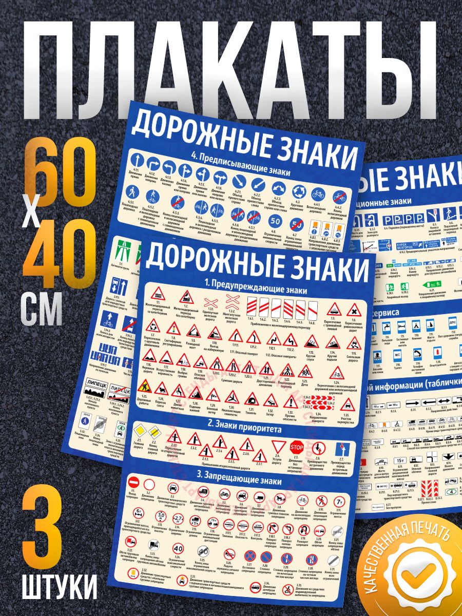 Набор плакатов, обучающий ПДД, Дорожные знаки, Арт стенды, 40x60 см, 3шт.