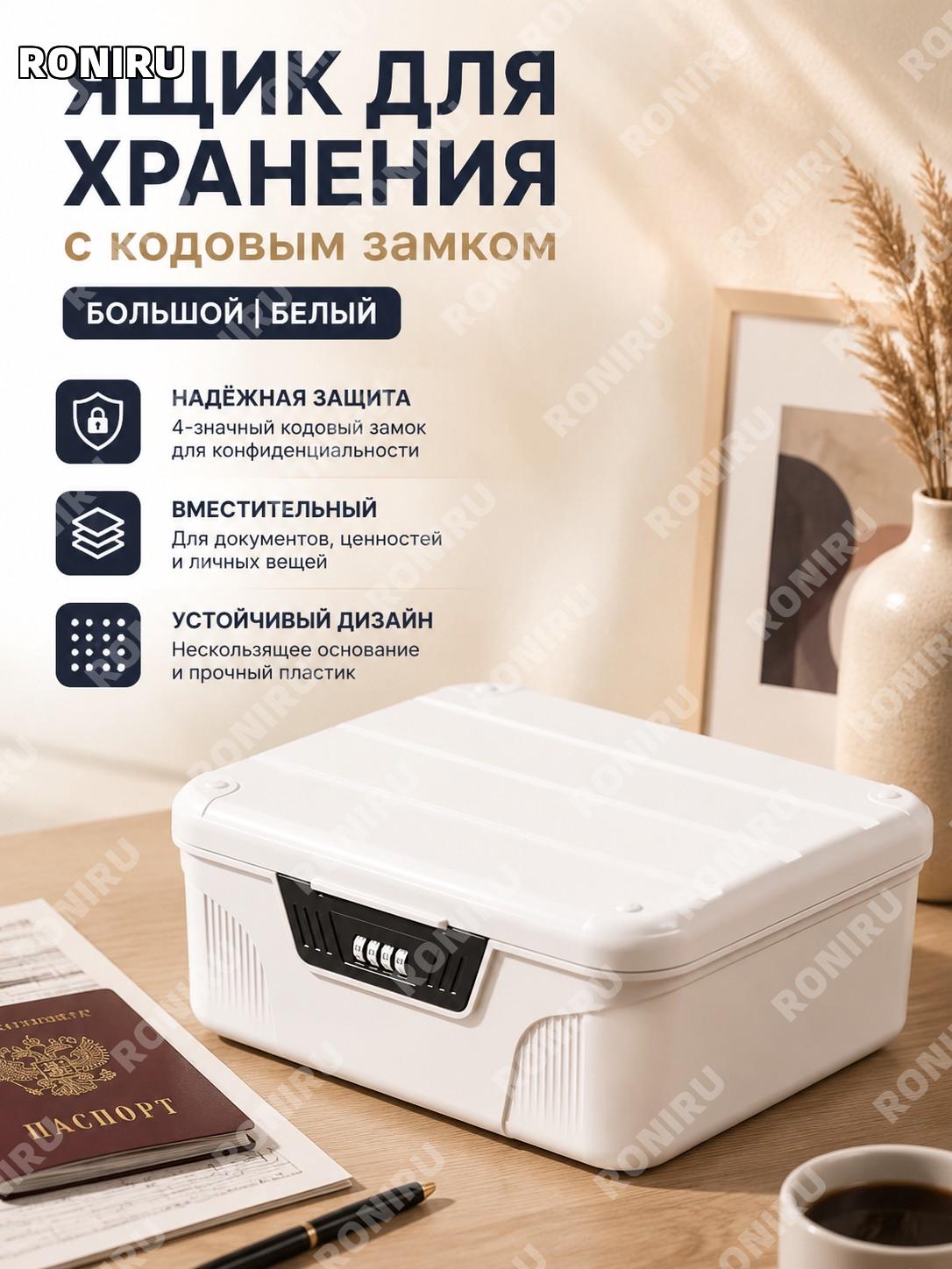 Ящик для хранения с кодовым замком и крышкой белый большой пластиковый, органайзер для документов и вещей для дома