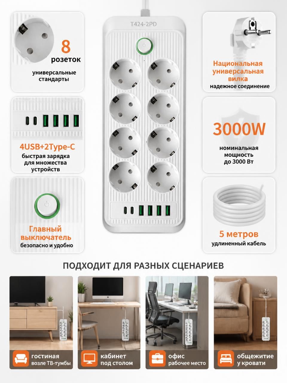 Евророзетка-удлинитель 8 гнезда, 4 USB, 2 Type-C PD, кабель 5 м, белый