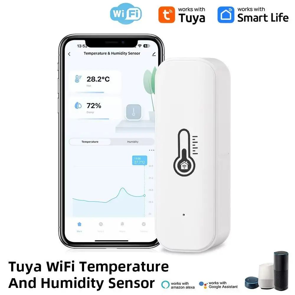 Премиум датчик влажности и температуры Tuya WiFi, работающий от аккумулятора, применяемый для мониторинга через приложение, совместим с Alexa и Google Home Voice.