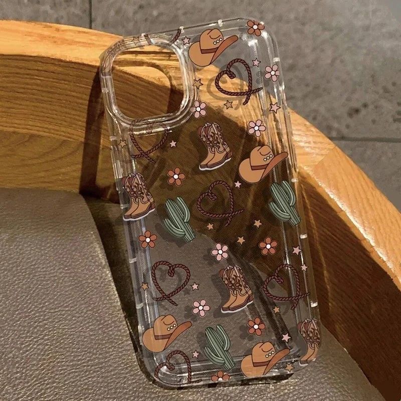 Чехол на Айфон 15 / iPhone 15 прозрачный ссапоги, кактусы, вьющиеся сердечки из веревки и цветы в западном стиле.