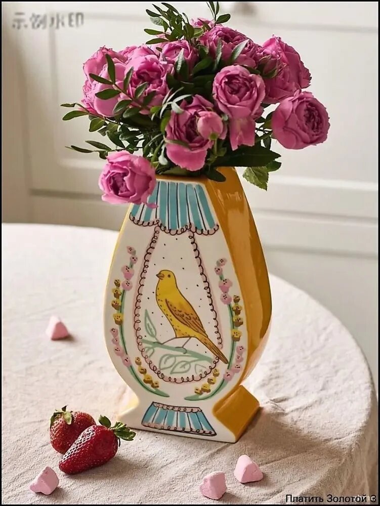 Ваза "Птица в саду", 25 см , Керамика, Фаянс, 1 шт