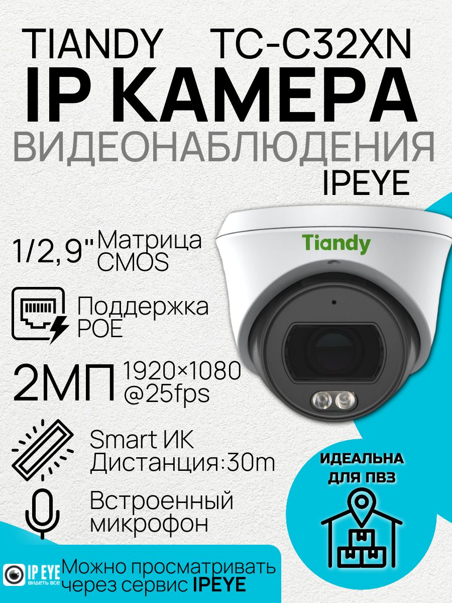 Купольная IP камера 2 МП для ПВЗ с микрофоном PoE TIANDY TC-C32XN IPEYE