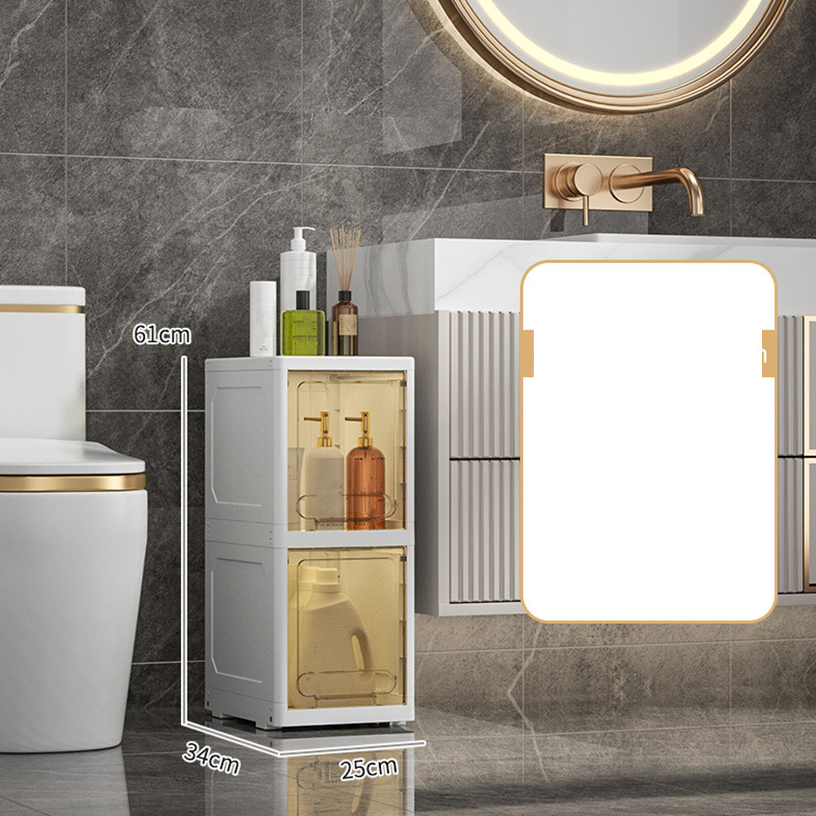 Пластиковый напольный шкафчик для ванной комнаты, узкий, вертикальный, с прозрачными ящиками и колесиками, подходит для небольших помещений и зазоров, 2 яруса, 25x34x61 см.