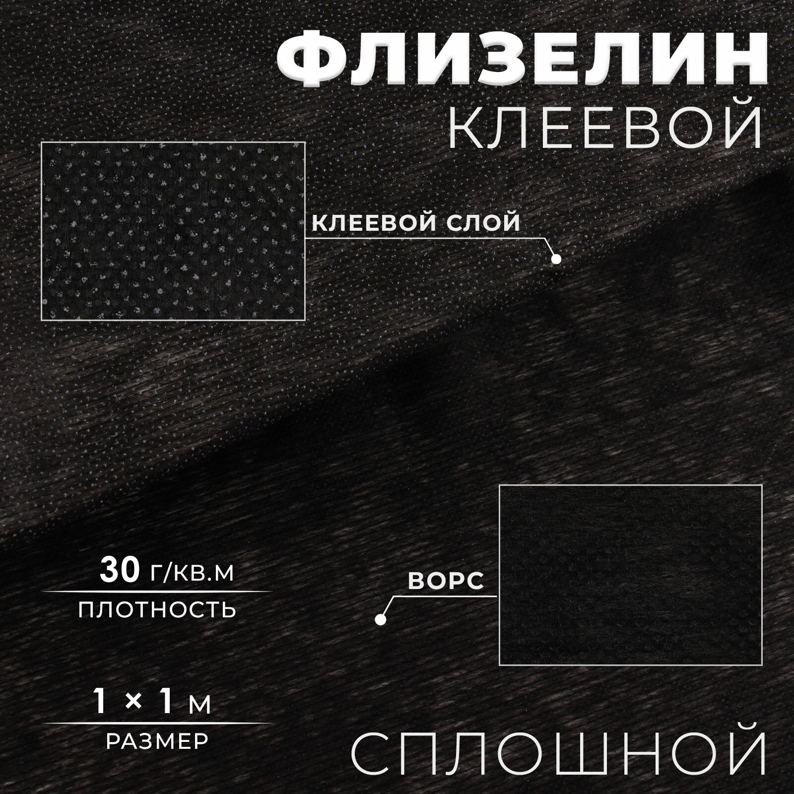 Набор Флизелина клеевого сплошного, 2 шт. 30 г/м , 1 м 1 м, чёрный