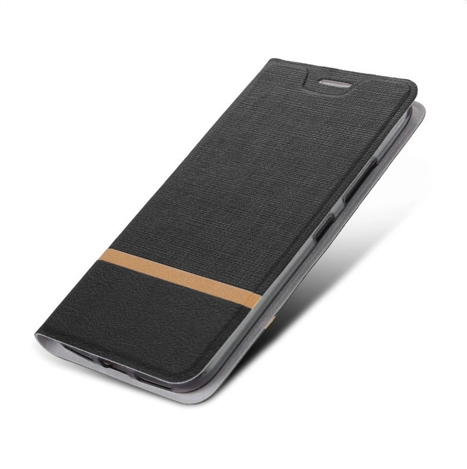 Чехол-книжка MyPads для TECNO Camon 15 из водоотталкивающей ткани с кожаной вставкой черный
