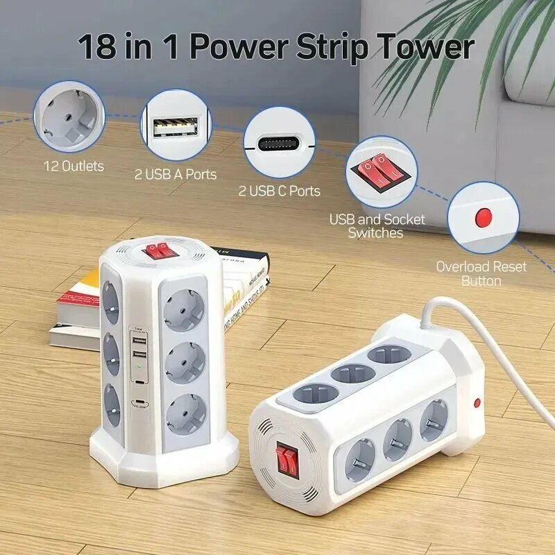 Сетевой фильтр куб, 2500 Вт с предохранителем 12 розеток с 2 USB и 2 Type-C, кабель 1.8м, заземление Защита от перегрузки