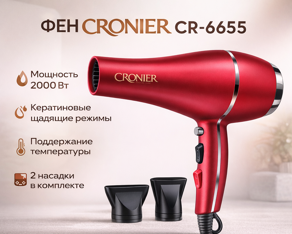 Фен для волос Cronier CR-6655 2000 Вт с насадками мощный профессиональный ProgTech