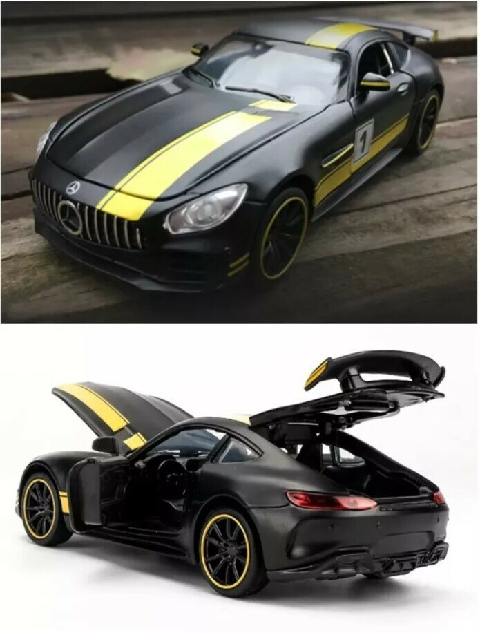 Металлическая модель автомобиля Mercedes AMG GT-R 63 в масштабе 1:24, свет и звук, черный с желтой полосой